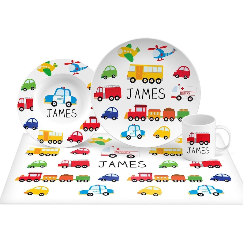Personalized Boys Plate Set: Transportation Cars, Trucks, Train & Plane ...