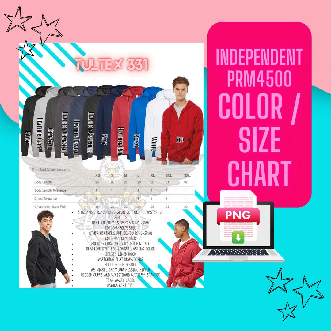 Size / Color Chart Tultex 331 Zip Front Hooded Sweatshirt Digital ...