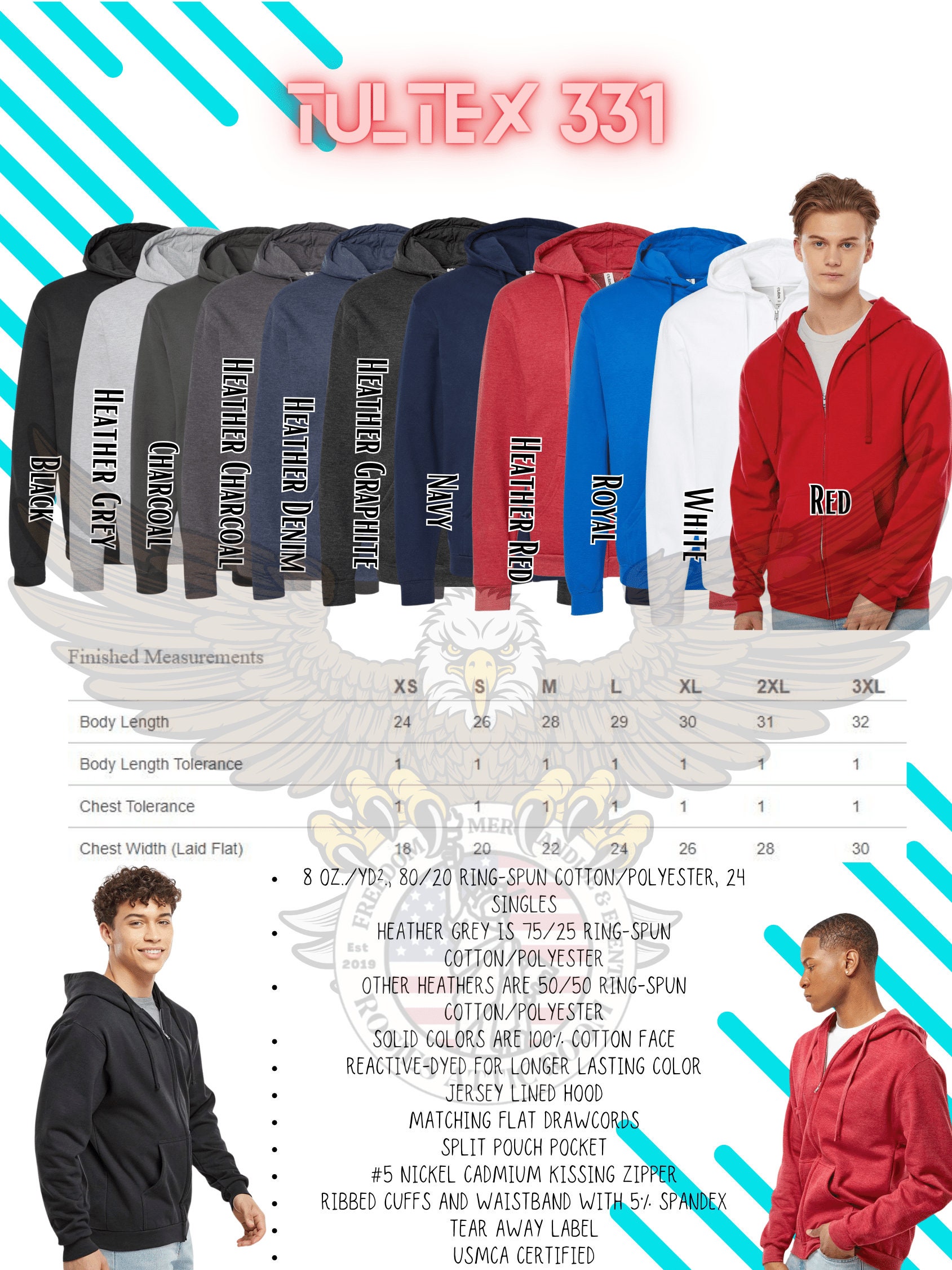Size / Color Chart Tultex 331 Zip Front Hooded Sweatshirt Digital ...