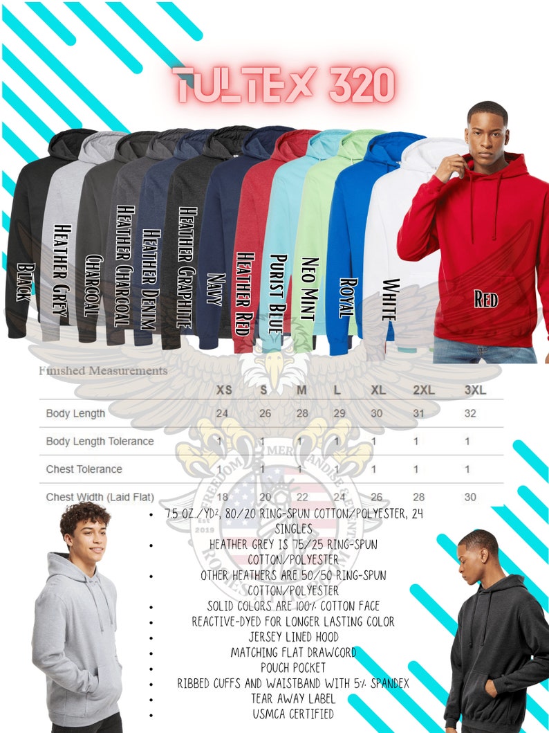 Size / Color Chart Tultex 320 Hooded Sweatshirt Digital Download - Etsy