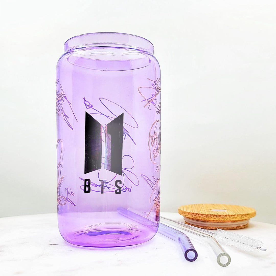 BTS | Bangtan Sonyeondan Signatures Glass Tumbler Bamboo Lid Glass ...
