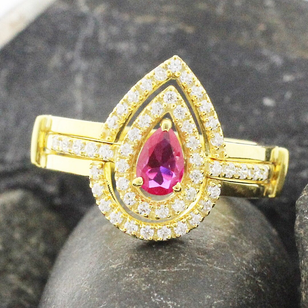 Ruby Diamond Wedding Ring Set, Handmade Pear Ruby Diamond Bridal Set ...