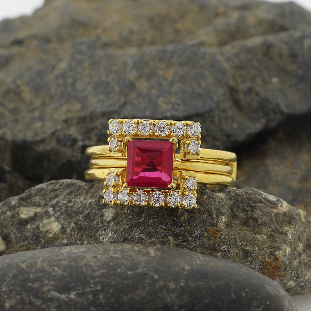 Vintage-inspired Ruby and Diamond Wedding Ring Set Timeless Glamour ...