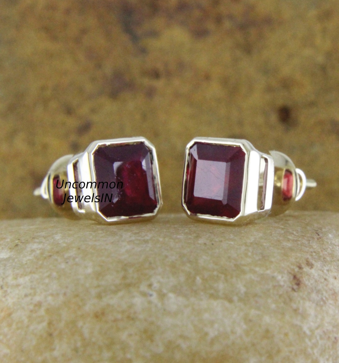 Asscher Cut Ruby Stud Earrings – Bezel Lab July Birthstone Screw Backs ...
