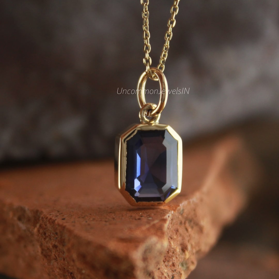 14k Gold Emerald Cut Blue Sapphire Charm: September Birthstone - Etsy