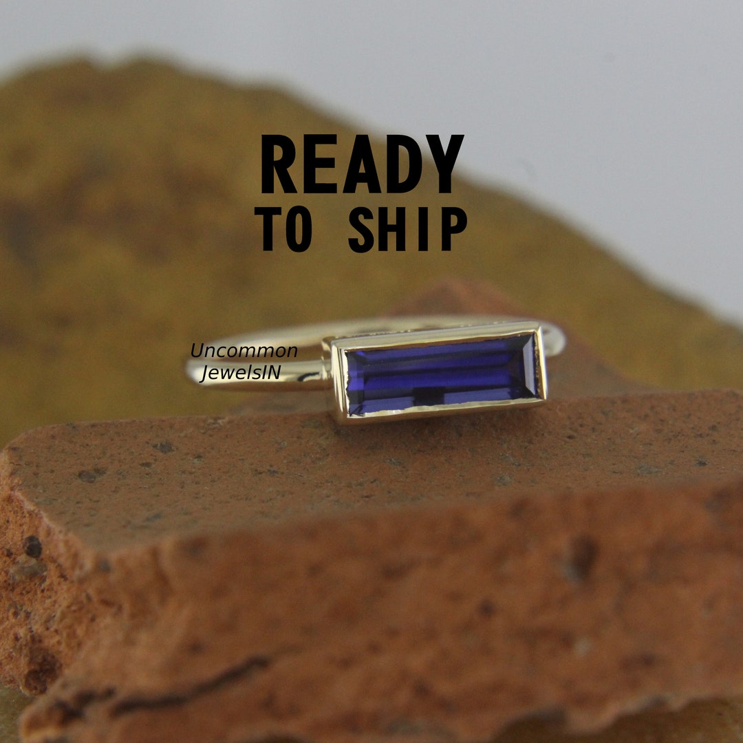 Blue Sapphire Engagement Ring, Bezel Set Blue Sapphire Baguette Ring ...