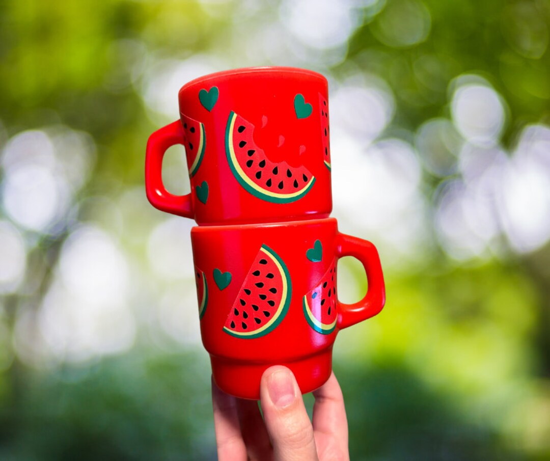 Vintage Watermelon Mug Set, Anchor Hocking Coffee Cups, Retro Kitchen ...