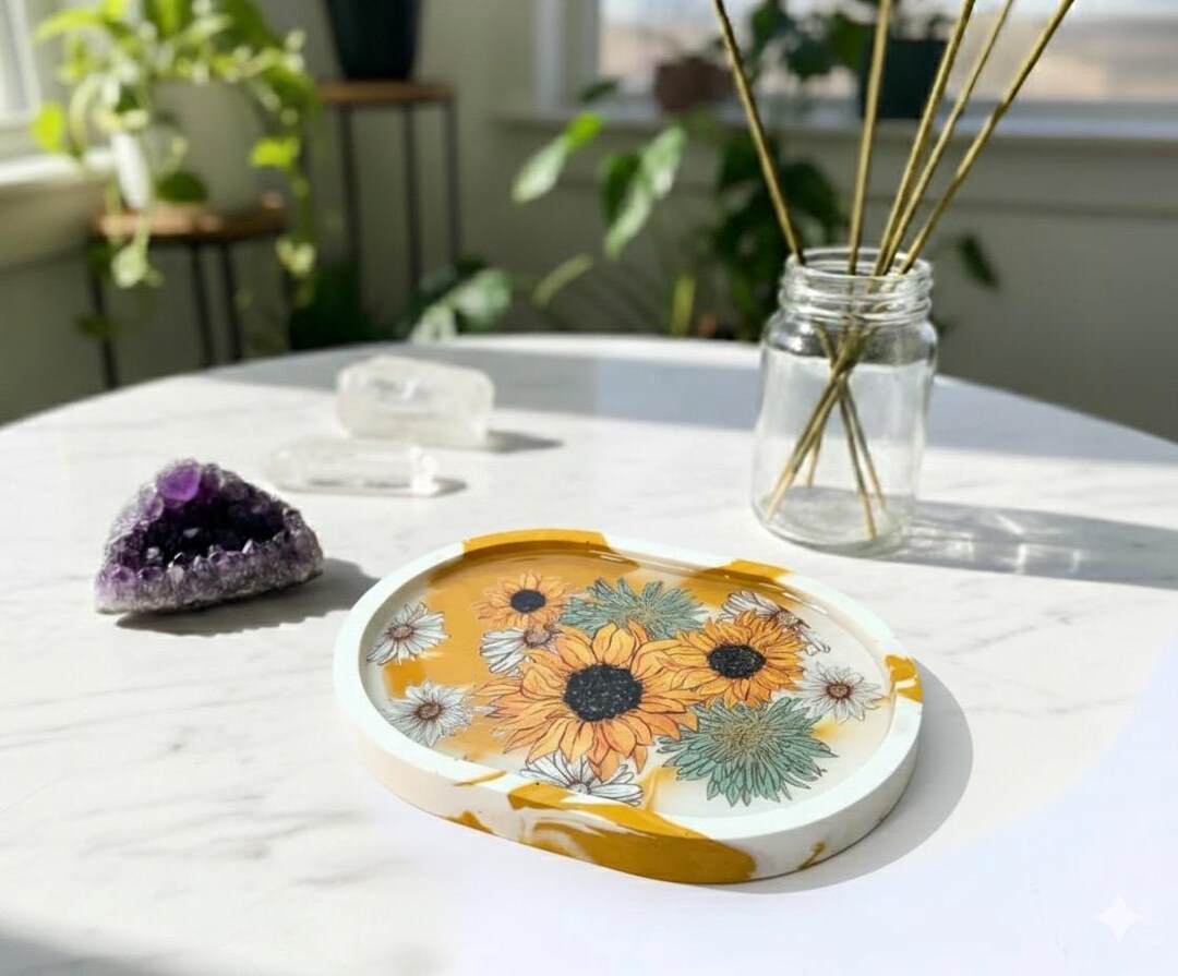 Sunflower Oval Tray, Jesmonite Tray With Epoxy Resin, Yellow Marbled ...
