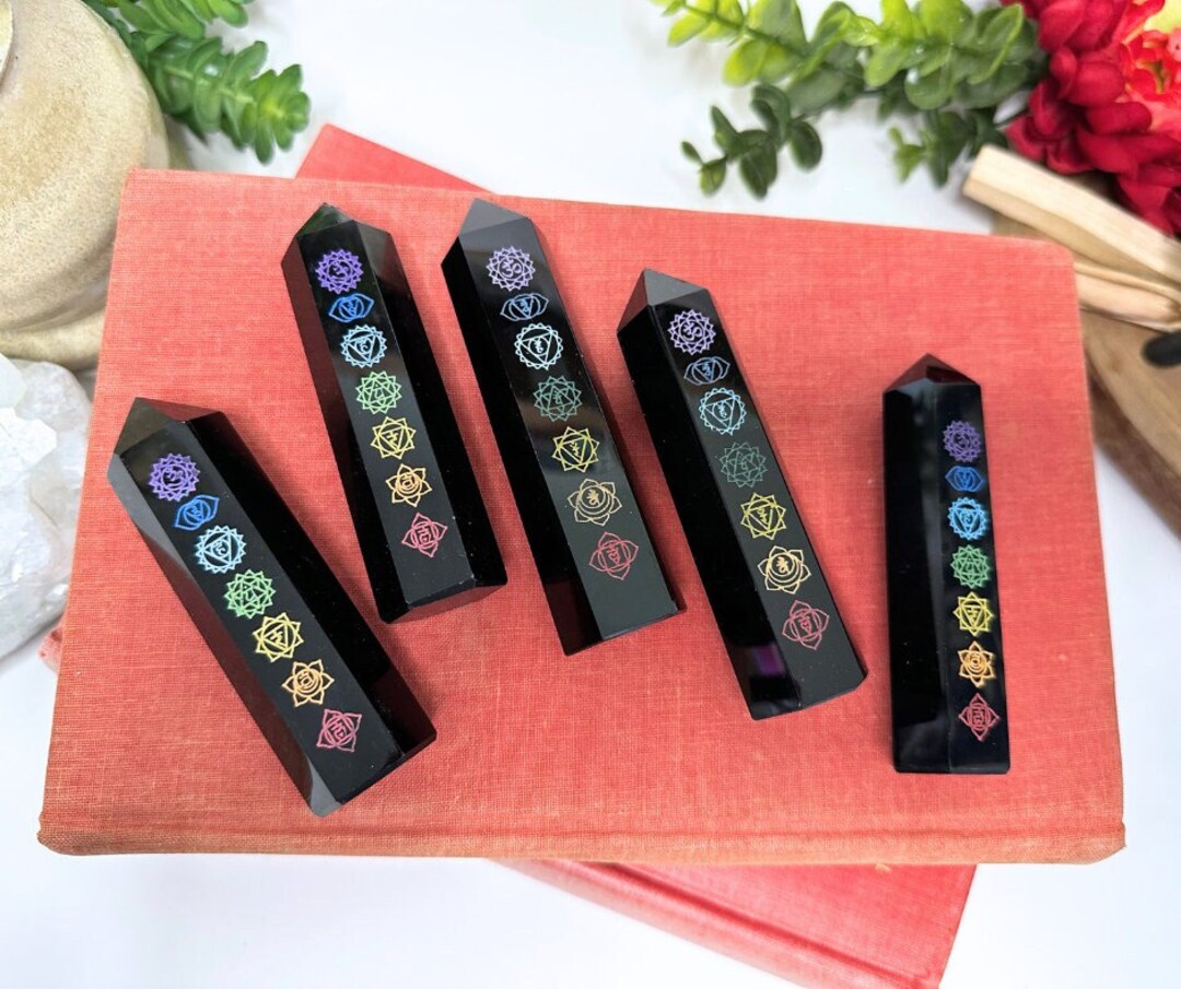 Obsidian Chakra Crystal Towers, Black Crystal Obelisks, Rainbow Chakra ...