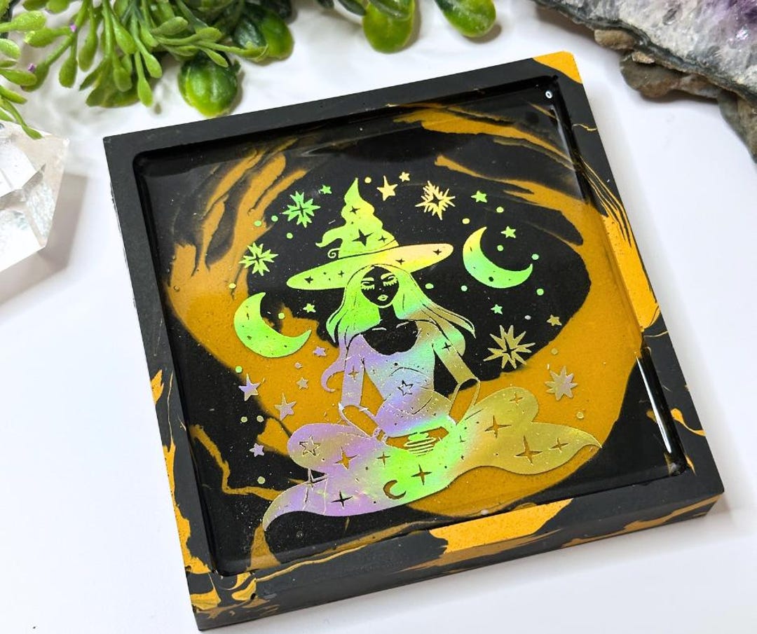 Holo Witch Resin Coaster, Holographic Witchy Drink Coaster, Jesmonite ...