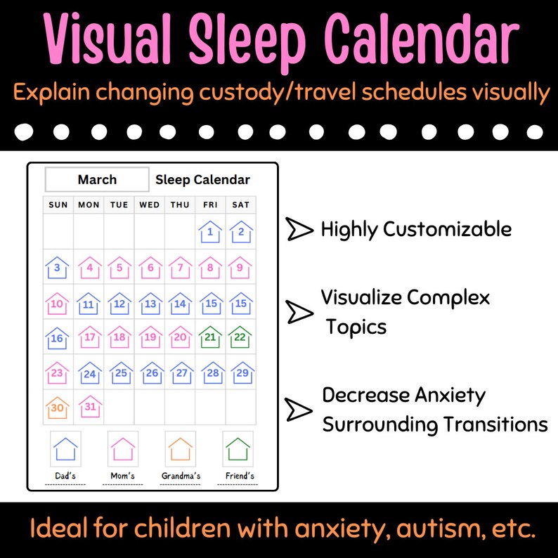 Child Sleep Visual Calendar/ Anxiety, Divorce, Autism, Neurodiversity ...