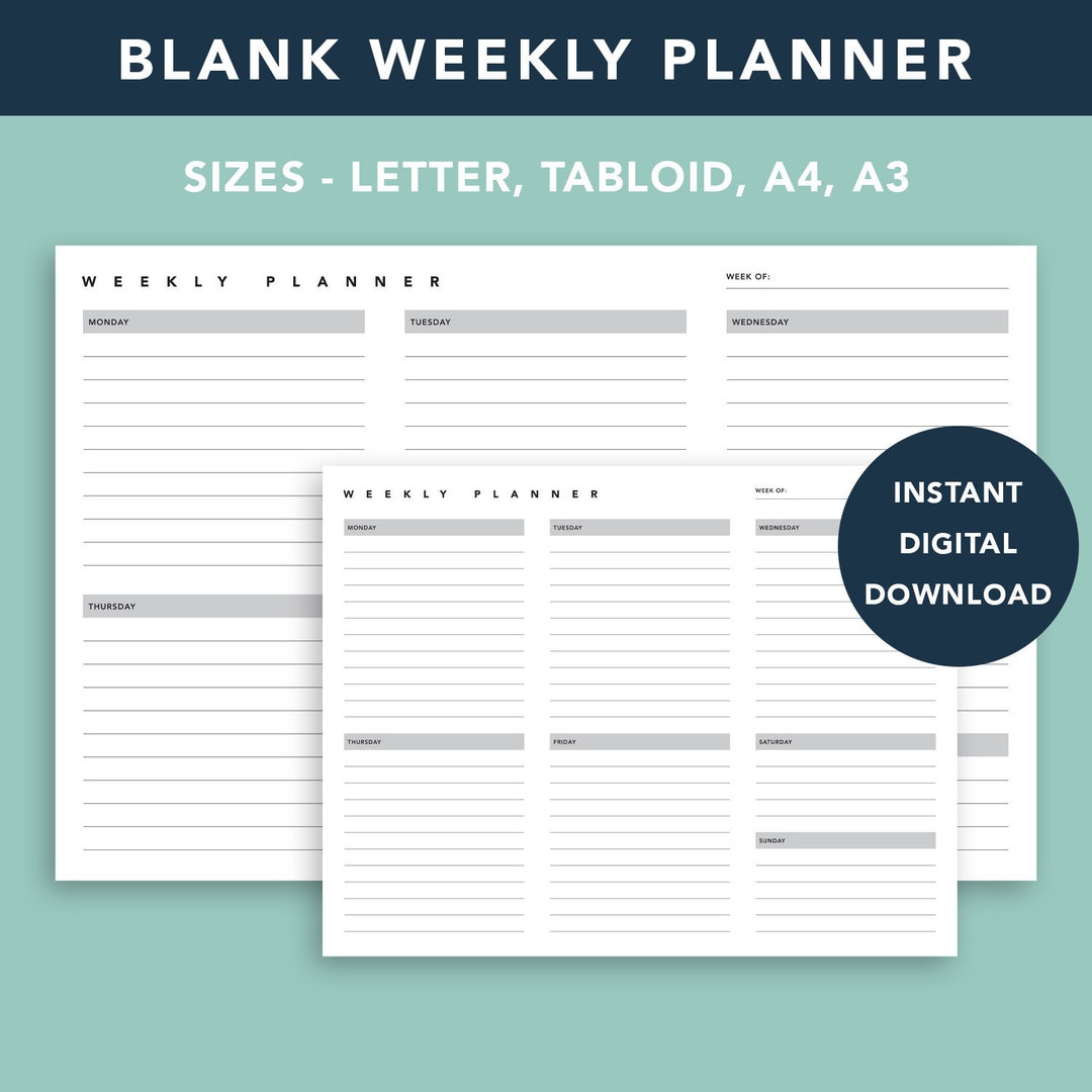 Blank Reusable Weekly Planner, DIGITAL DOWNLOAD, Simple One Week ...