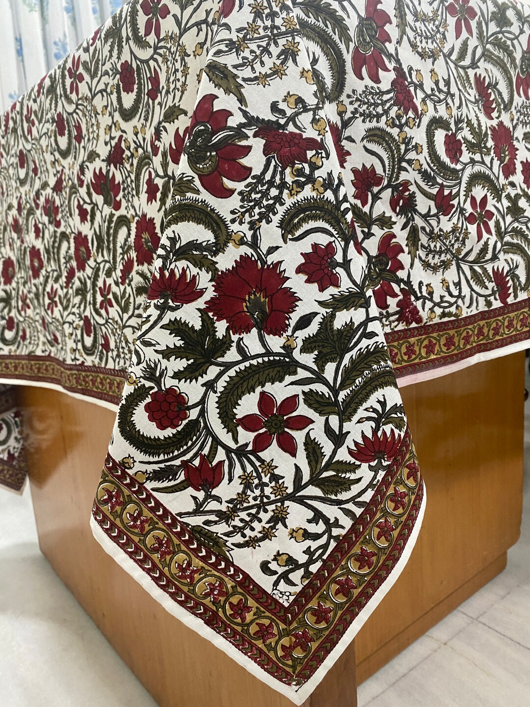 Prune Red and Army Green Colour Floral Border Design Hand Block Print ...