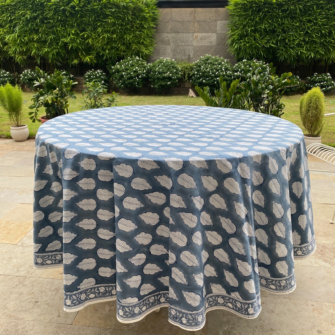 Stone Blue Round Tablecloth, Indian Floral Block Printed Cotton Cloth ...