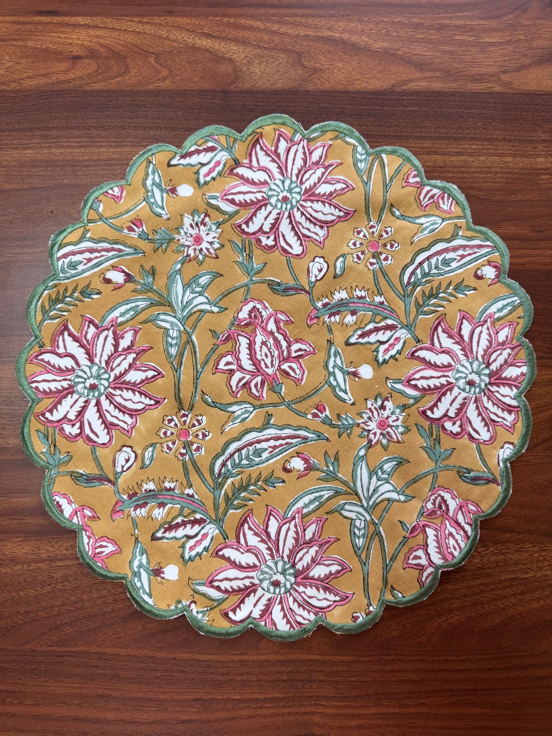 Tablemats, Biscotti Yellow Indian Floral Hand Block Printed Cotton ...