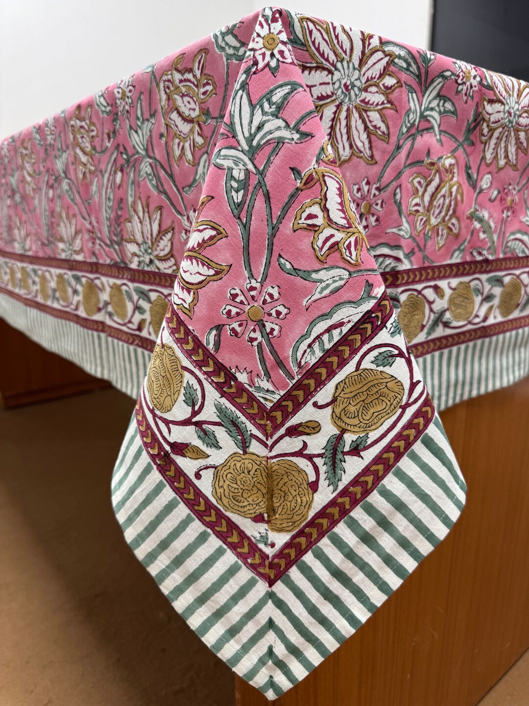 Candy Pink Indian Floral Hand Block Printed Cotton Tablecloth, Dining ...
