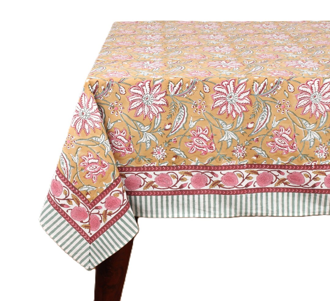 Biscotti Yellow Floral Hand Block Printed Cotton Tablecloth, Dining ...