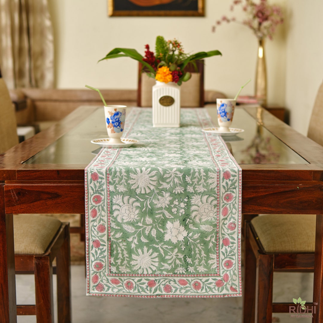 Mint Green and White Indian Floral Hand Block Printed Pure Cotton Cloth ...