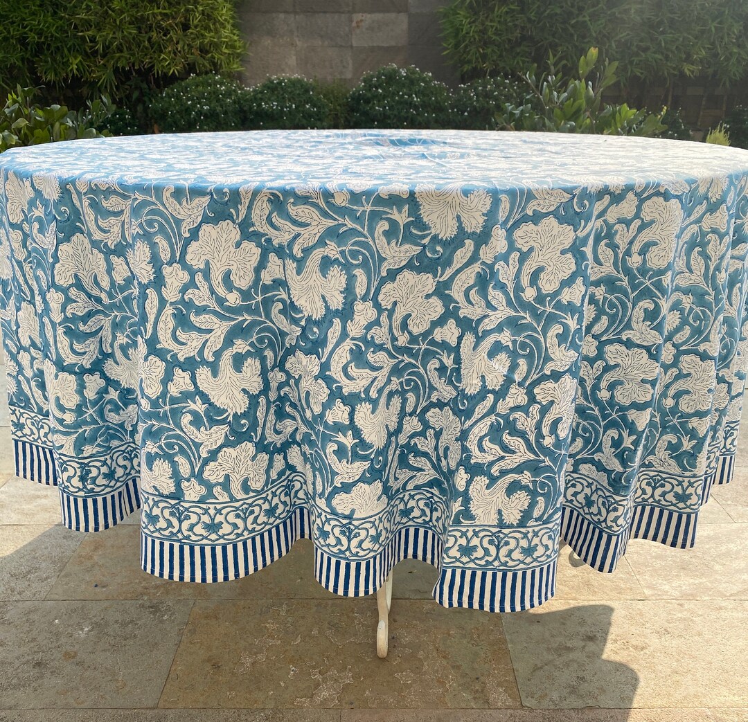 Turkish Blue Round Tablecloth, Indian Floral Hand Block Printed Cotton ...