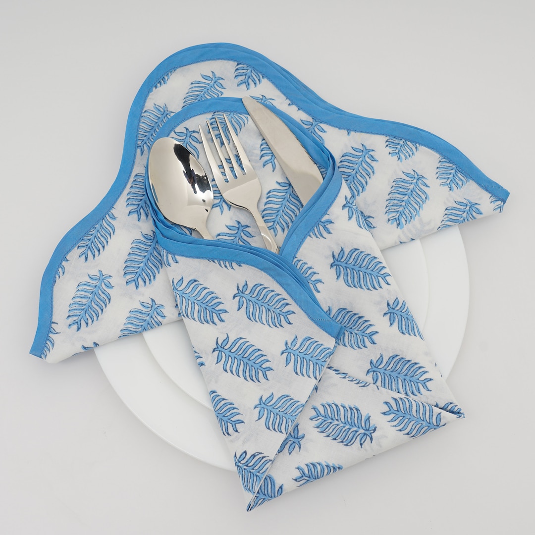 Cerulean Blue Leaf Print Indian Hand Block Cotton Cloth Napkins ...