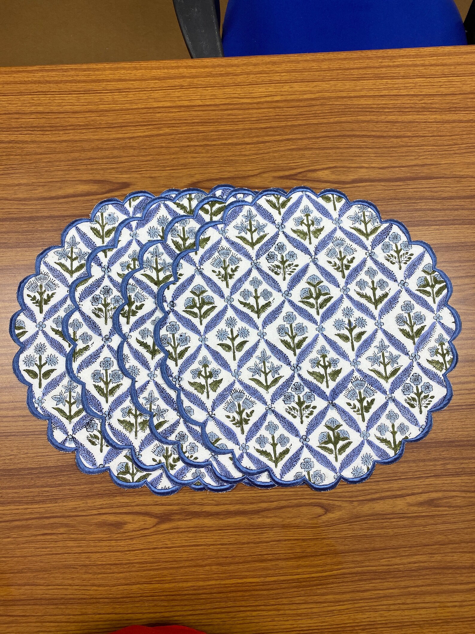 Placemats, Light Steel Blue, Olive Green Indian Floral Hand Block ...