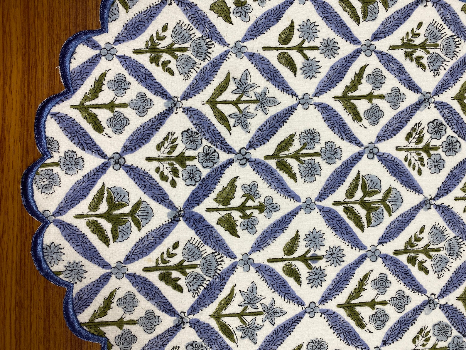 Placemats, Light Steel Blue, Olive Green Indian Floral Hand Block ...