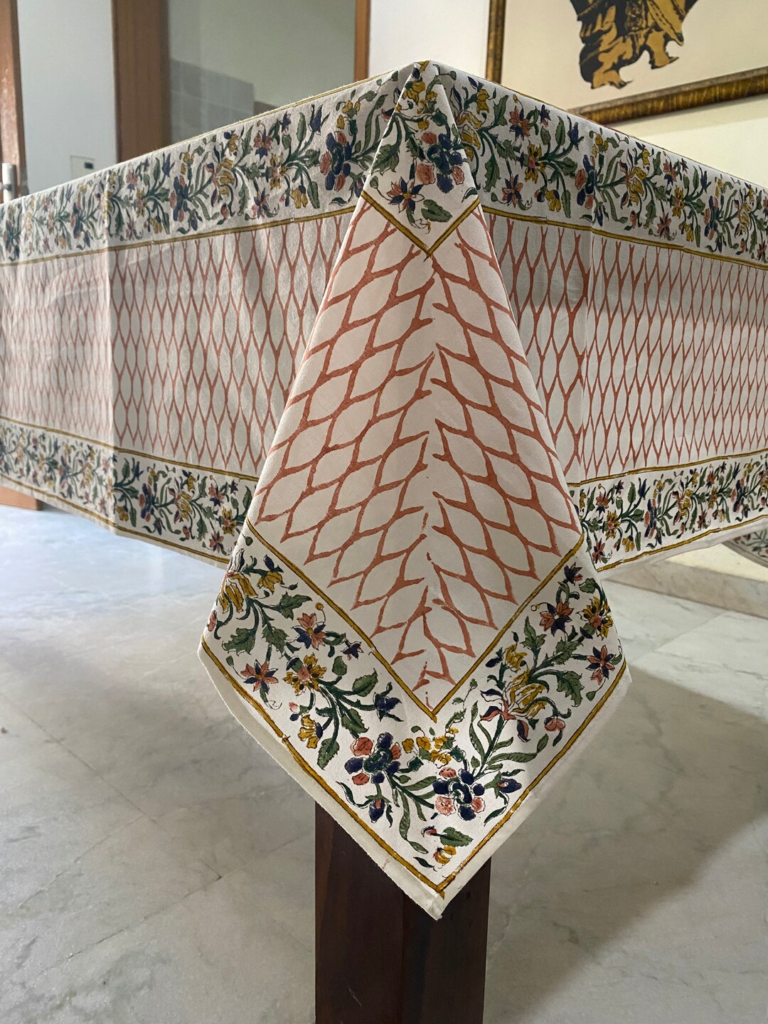 Burnt Orange and Fern Green Indian Hand Block Flower Print Tablecloth ...