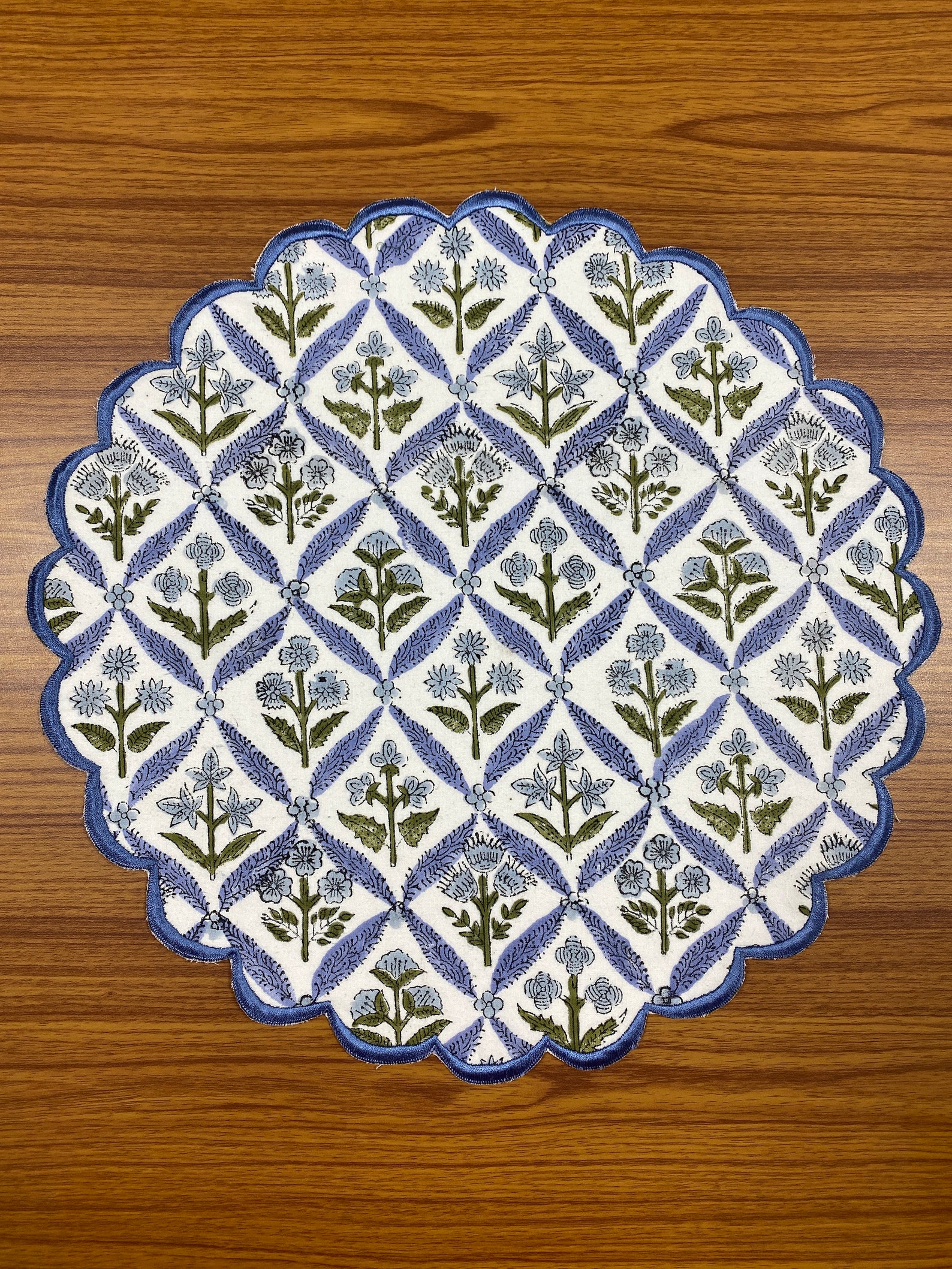Placemats, Light Steel Blue, Olive Green Indian Floral Hand Block ...