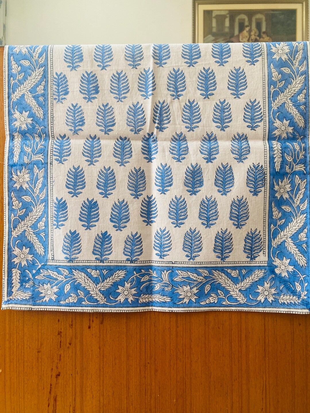 Cerulean Blue and off White Indian Leaves Printed 100% Pure Cotton ...