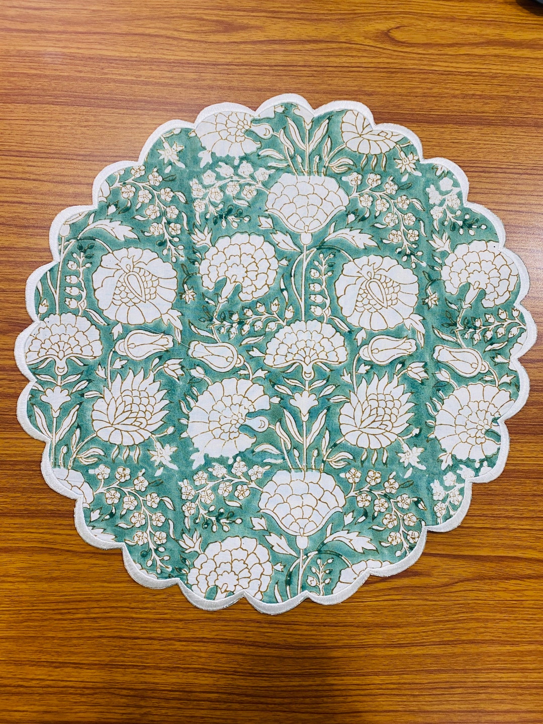 Table Mats, Turquoise Green, Old Moss Green Indian Hand Block Floral ...