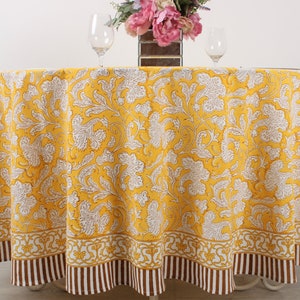 Saffron Yellow Round Tablecloth, Indian Floral Block Printed Cotton Table Cover, Wedding Party ...