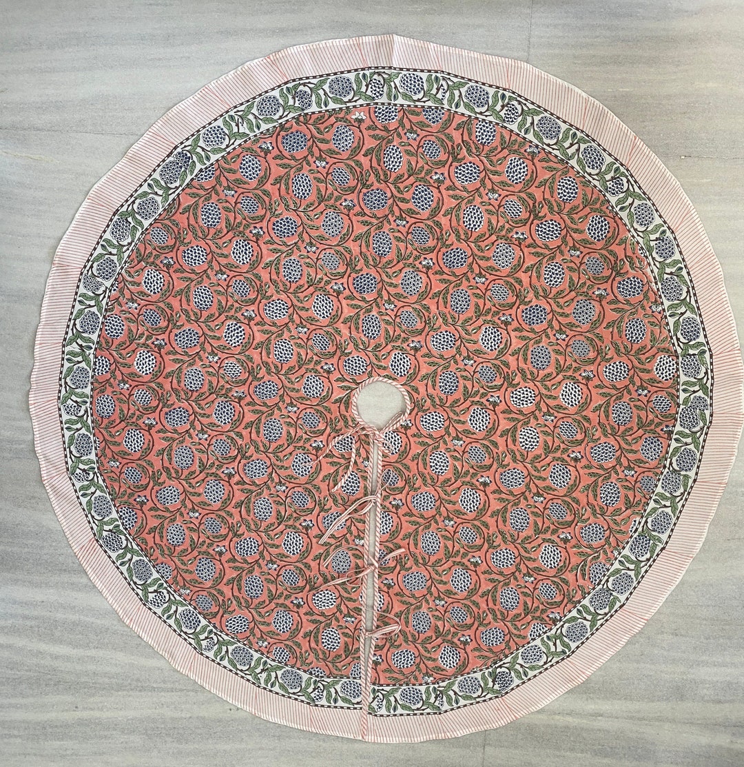 Dark Salmon Pink, Sage Green, Delft Blue Indian Floral Hand Block ...