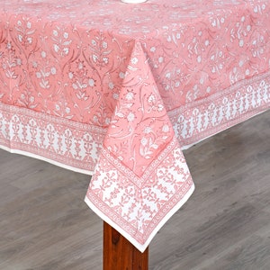Sweet Pink and White Floral Indian Hand Block Printed Tablecloth, Table ...