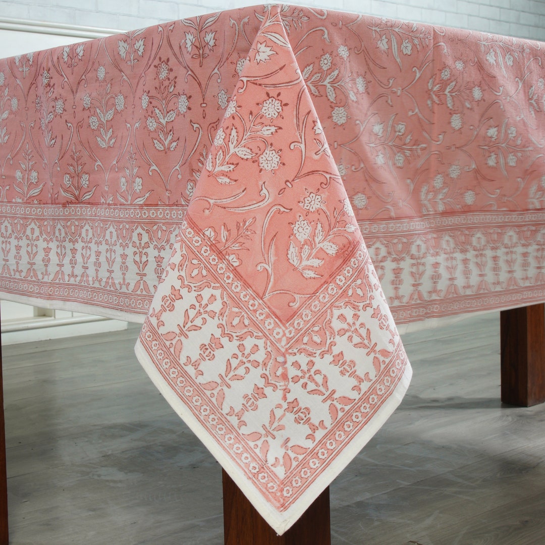 Sweet Pink and White Floral Indian Hand Block Printed Tablecloth, Table ...