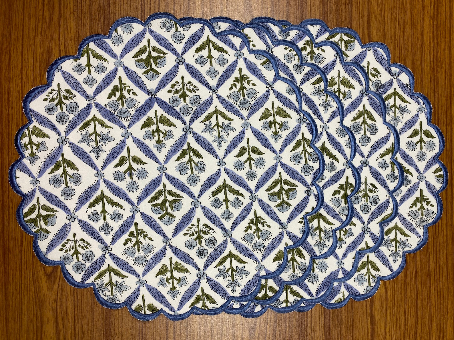Placemats, Light Steel Blue, Olive Green Indian Floral Hand Block ...