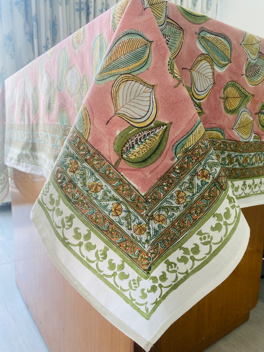 Salmon Pink Indian Hand Block Leaves Printed Cotton Tablecloth, Table ...
