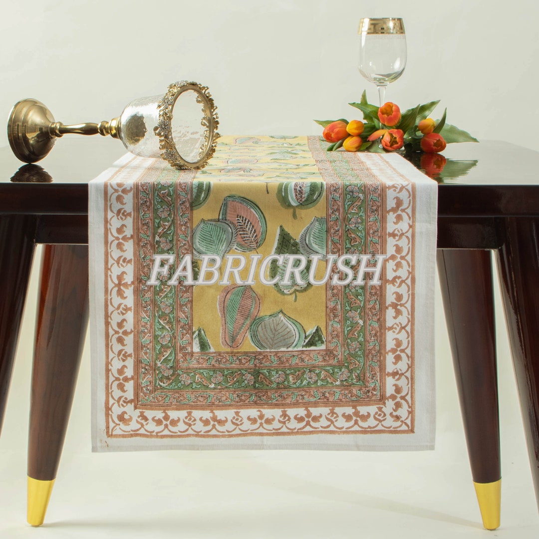 Latte Yellow Table Runner, Indian Floral Hand Block Printed Cotton ...