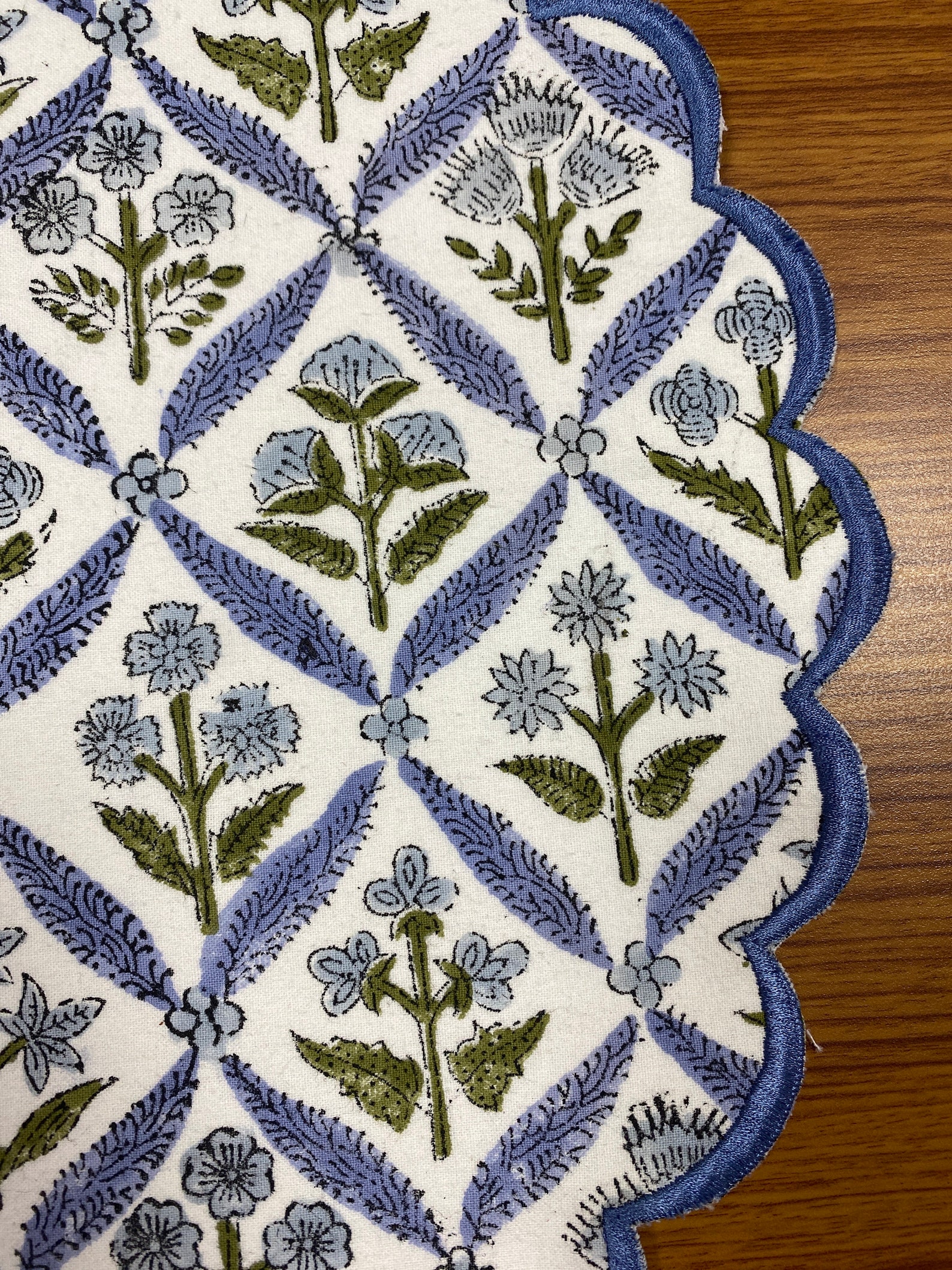 Placemats, Light Steel Blue, Olive Green Indian Floral Hand Block ...