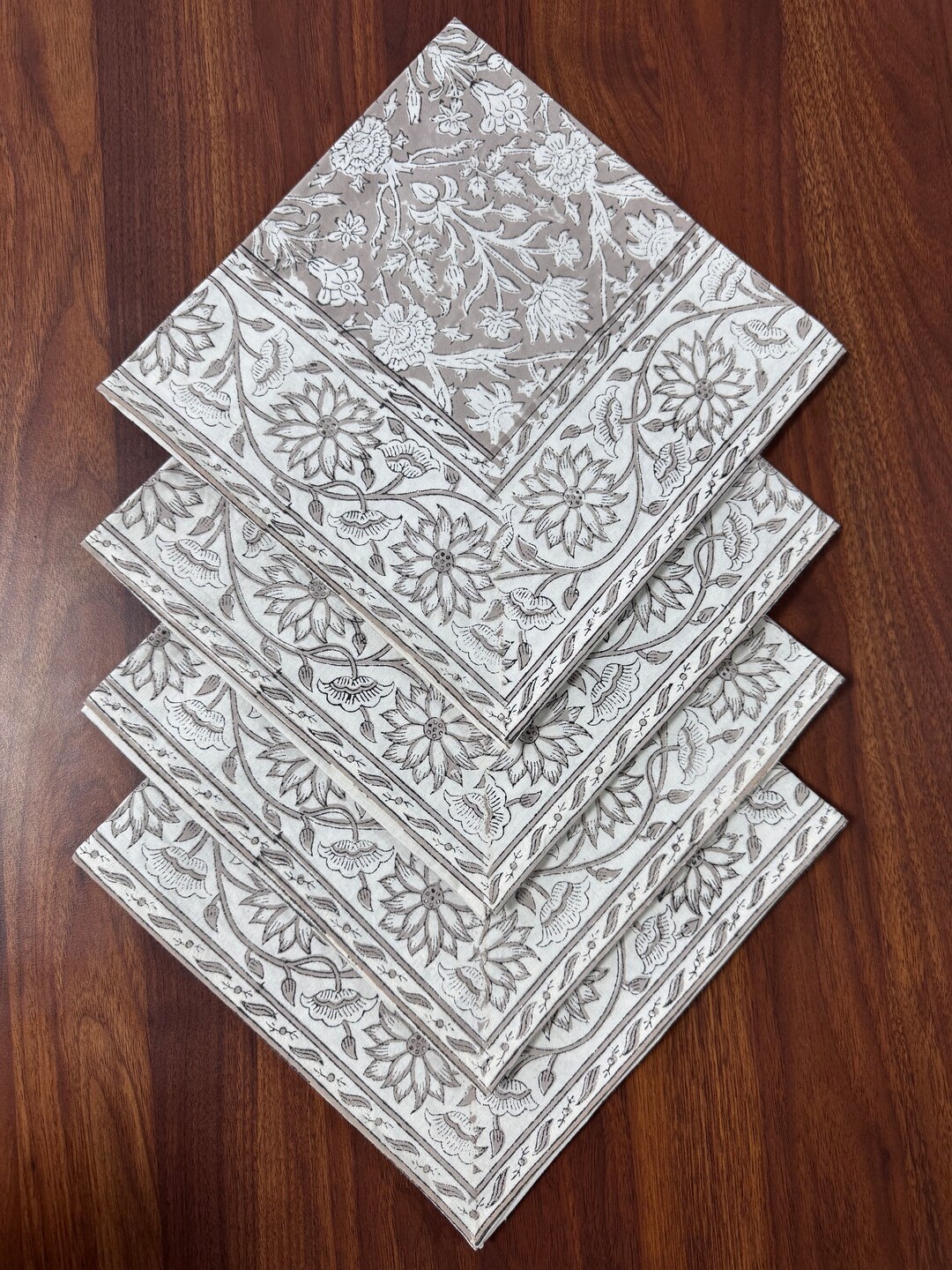 Taupe and White Indian Floral Hand Block Flowe Print Cotton Cloth ...