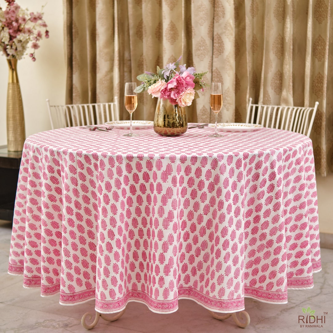 Taffy Pink Indian Hand Block Leaf Printed Cotton Round Tablecloth ...