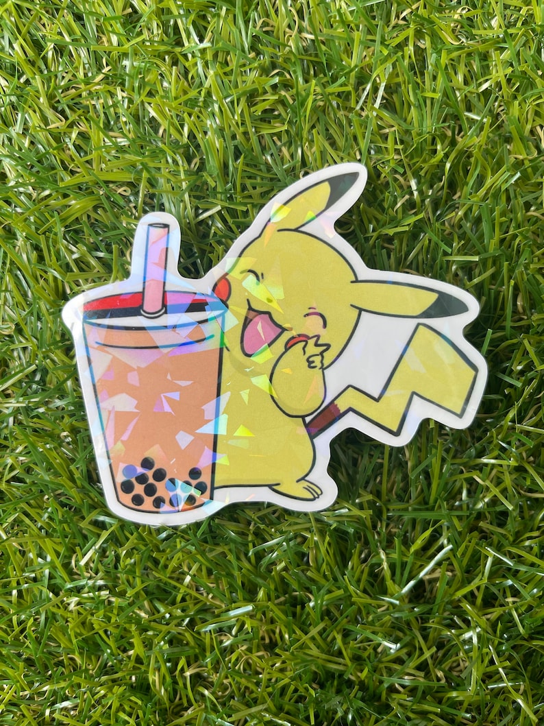 Pokemon Pikachu Milk Tea Boba Waterproof Holo Sticker - Adorable Decal ...