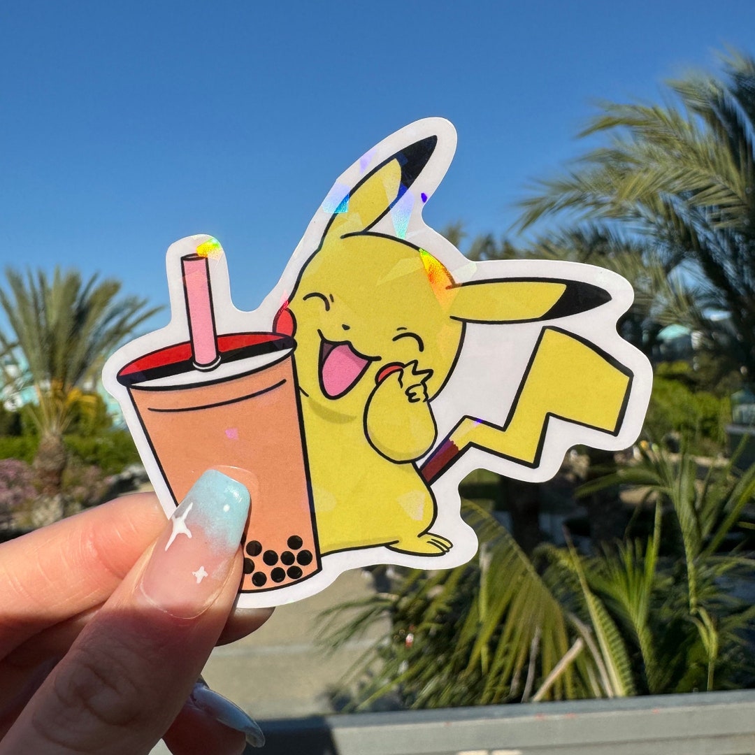 Pokemon Pikachu Milk Tea Boba Waterproof Holo Sticker - Adorable Decal ...