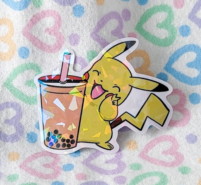 Pokemon Pikachu Milk Tea Boba Waterproof Holo Sticker - Adorable Decal ...
