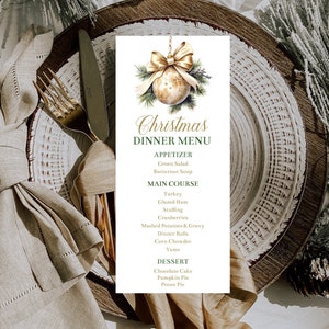 Editable Gold Christmas Ornament Dinner Menu Card Template Printable ...