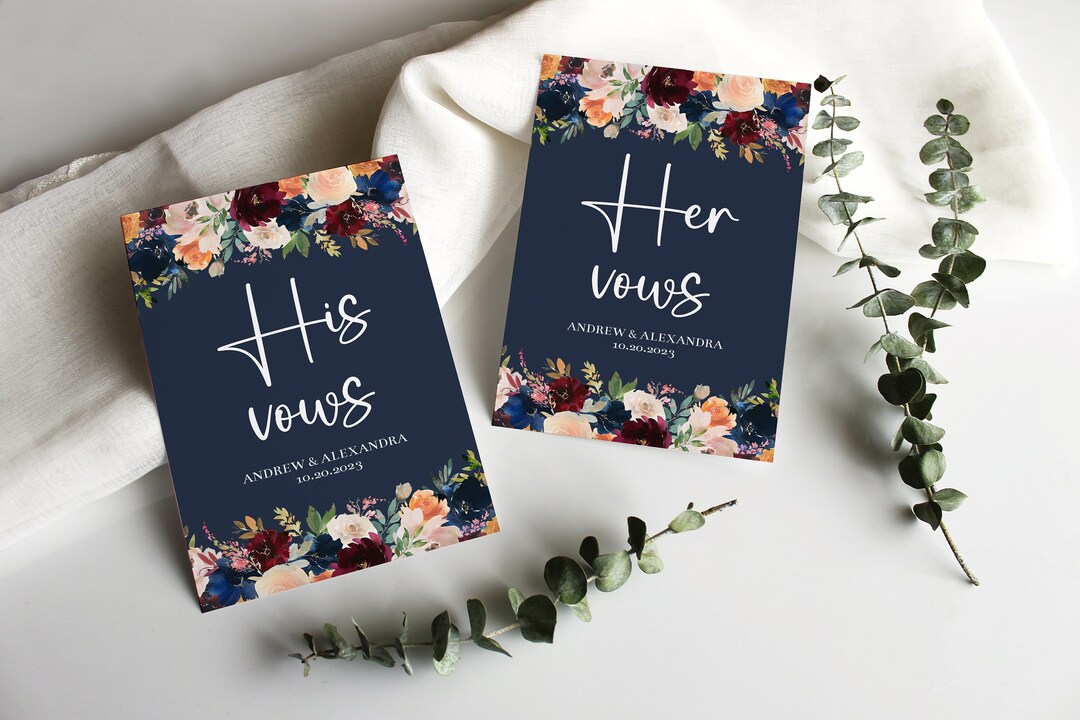 Editable Fall in Love Navy & Burgundy Floral Wedding His and Her Vow ...