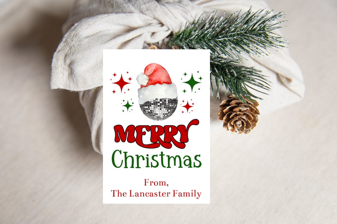 Editable Retro Disco Ball Christmas Gift Tag Template, Printable Merry ...