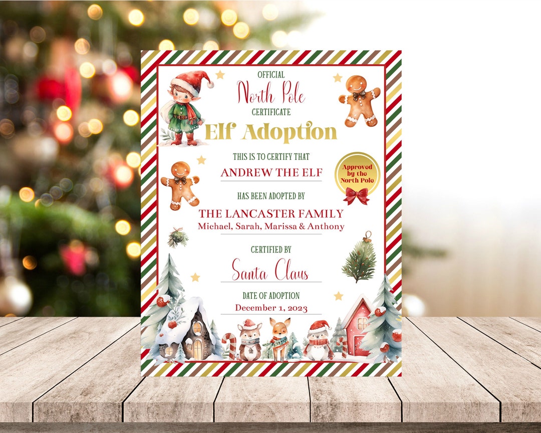 Editable Elf Adoption Certificate Template, Christmas Printable ...