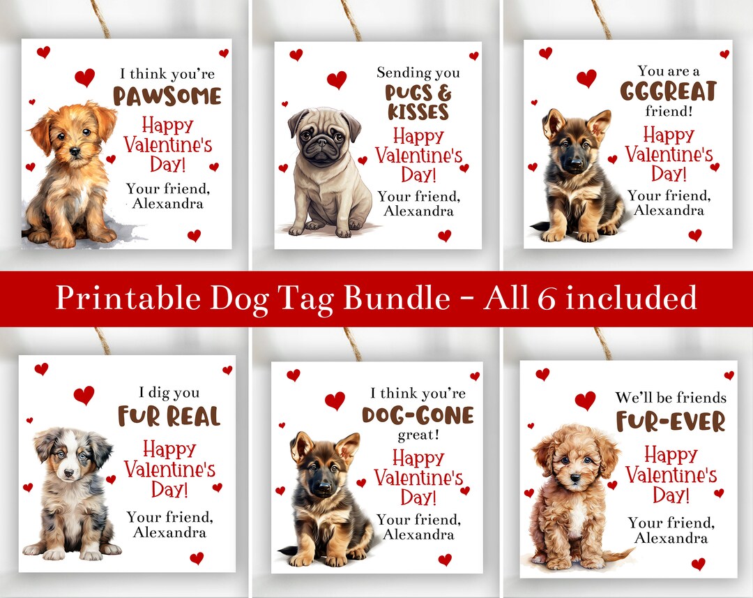 Editable Dog Valentines Cards Bundle Set Templates, Puppy Valentines ...
