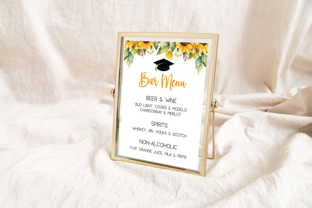 Editable Sunflower Bar Menu Sign Template, Printable Rustic Graduation ...
