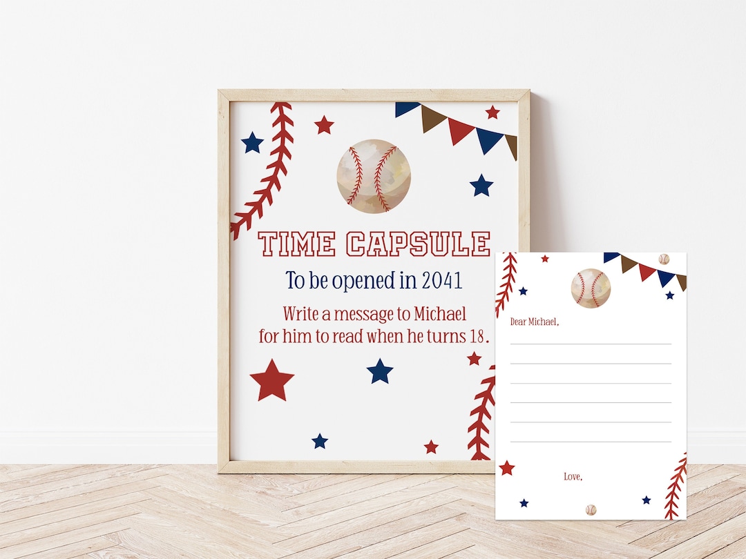 Editable Baseball First Birthday Time Capsule Sign and Card Template ...